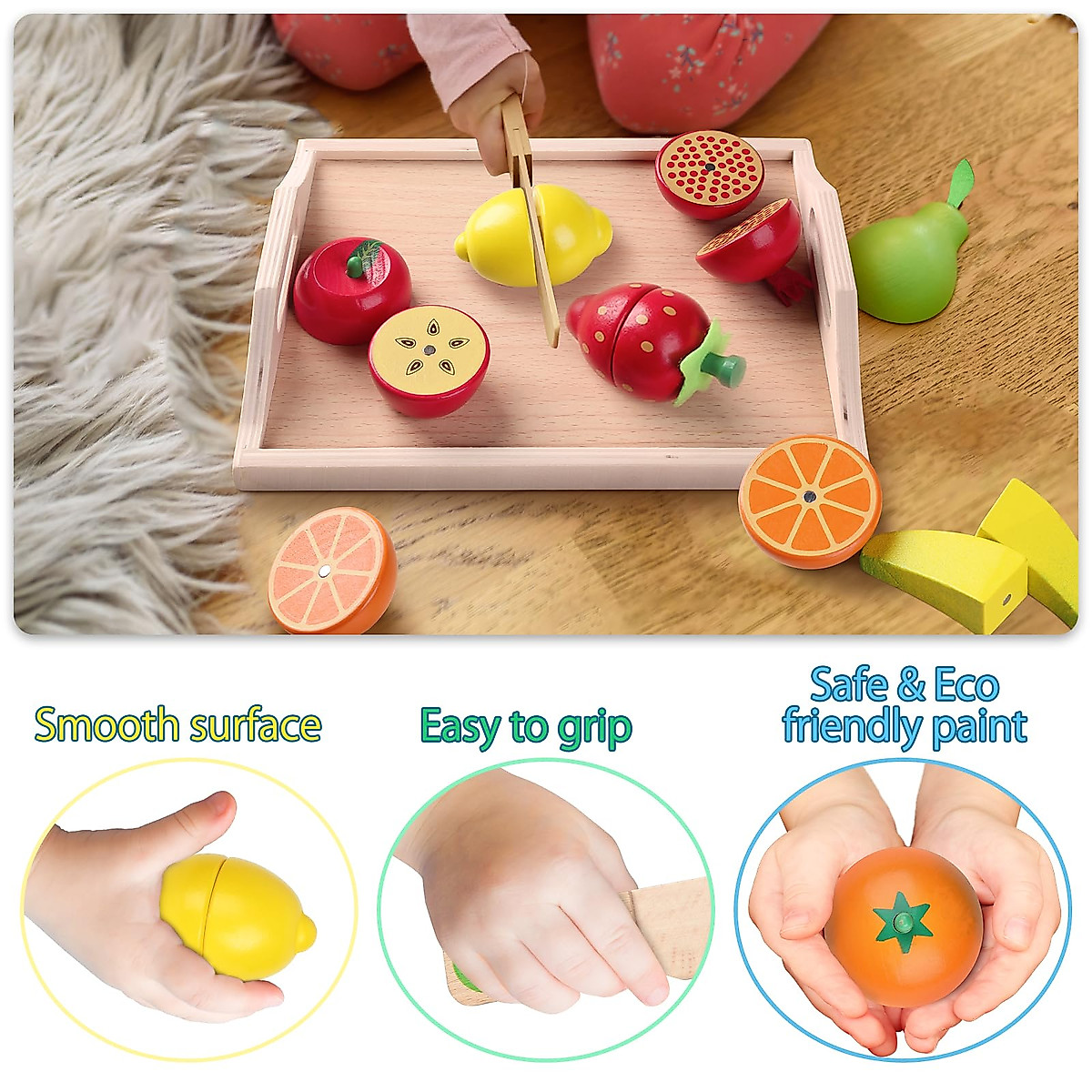 CARLORBO Wooden Toys for 2 Year Old - Pretend Play Food Set for Kids Play Kitchen,9 Cuttable Toy Fruit and Veg with Wooden Knif and Tray,Gift Idea for Boys Girls Birthday