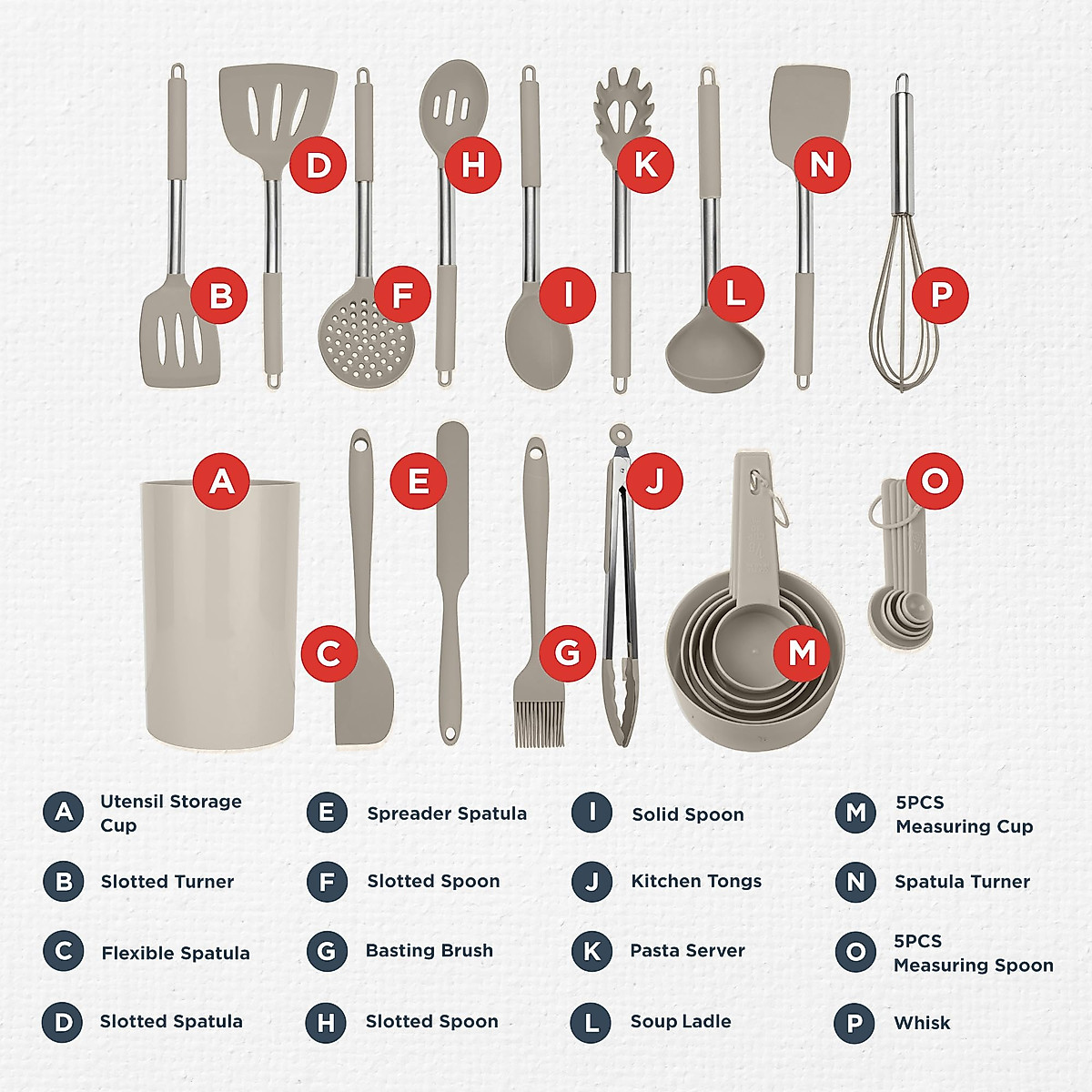 Silicone Kitchen Utensils Set - Culinary Couture 24-Pieces Khaki Silicone Cooking Utensils Set for Nonstick Cookware - Silicone Spatulas Set, Stainless Steel Handle & Other Kitchen accessories