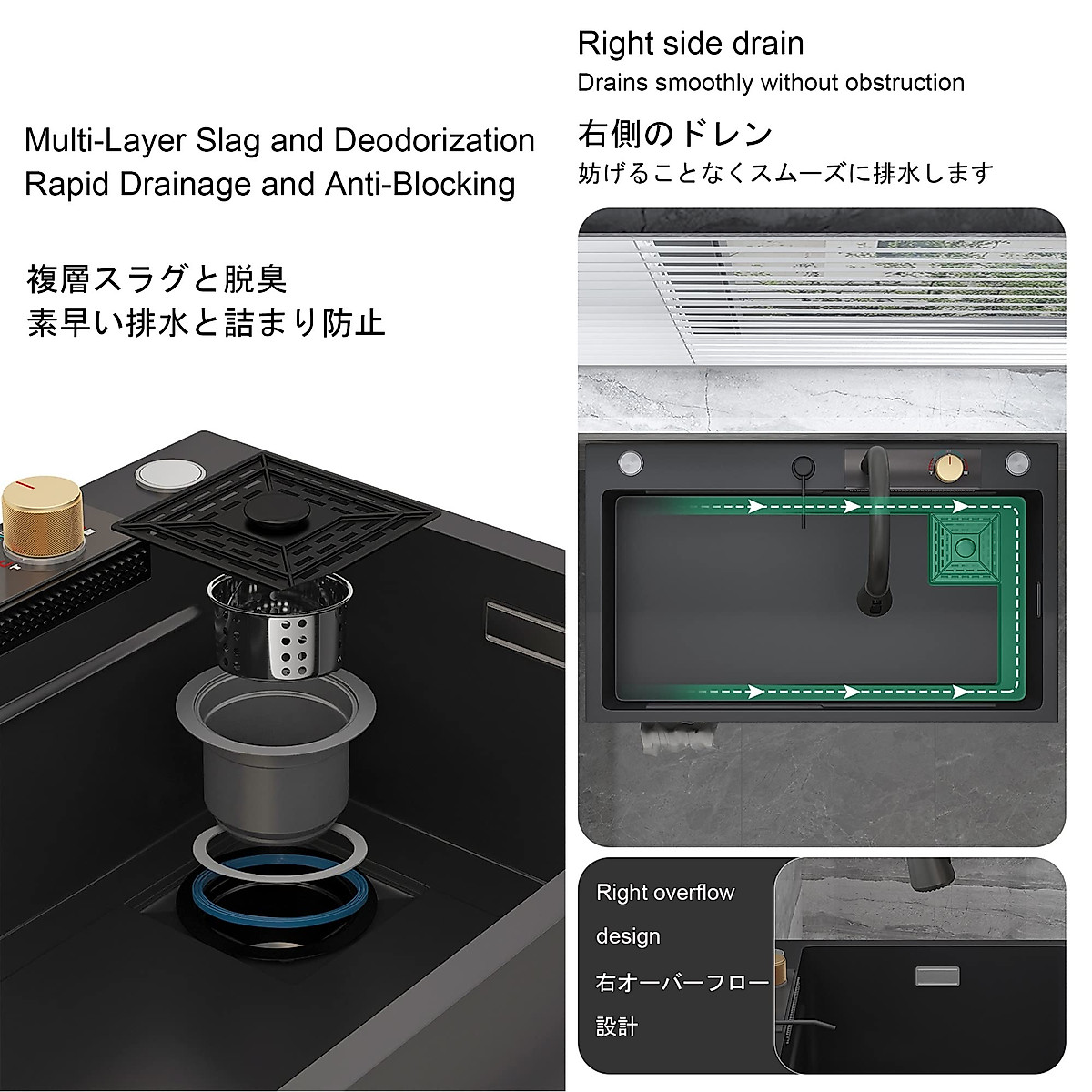 Black Utility Waterfall Sink Outdoor Stainless Steel Kitchen Sink Garage Sink Laundry Sink with Cabinet Camping Sink Single Bowl Kitchen Sinks with Raindance Waterfall Faucet and Accessories ( Color :