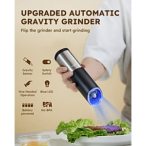 Sangcon Electric Salt and Pepper Grinder Mill Set, Safety & Gravity Switch, Battery Powered with LED Light, Adjustable Coarseness, One Hand Automatic Operated Kitchen Gadgets, Stainless Steel, 2 Pack