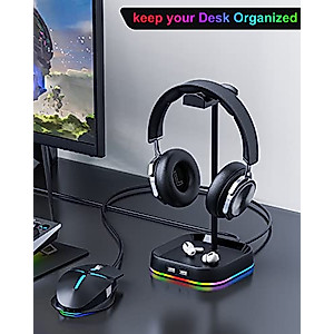 COSDIG RGB Gaming Headphone Stand for Desk,Headset Stand,Headphone Holder Storage with 3 USB and 3.5mm AUX Ports,Headphone Hanger Mount Gaming Earphone Accessories as PC Gamer Gift