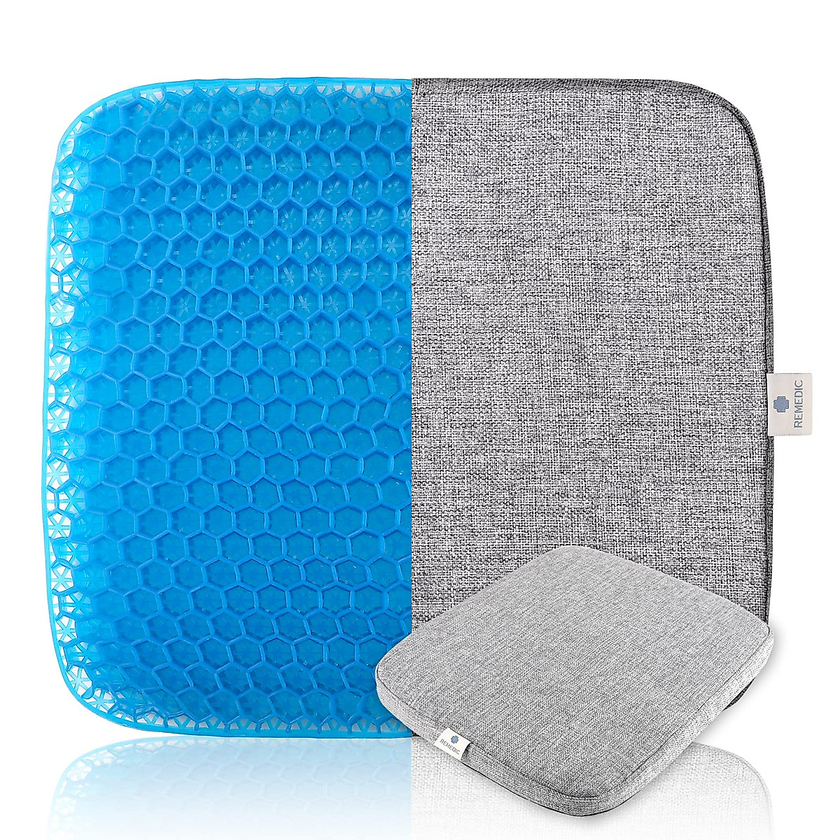 remedic Gel Seat Cushion - Double Thick Incontinence Non-Slip Pad Chair Cushion Breathable Honeycomb Pressure Wheel Design Moisture Proof Machine Washable Fabric Cover Grey