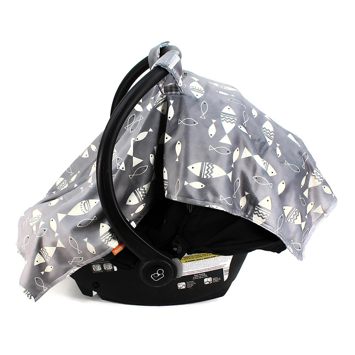 Dear Baby Gear Deluxe Reversible Car Seat Canopy, Custom Minky Print, Fish on Grey/Grey Tan Plaid