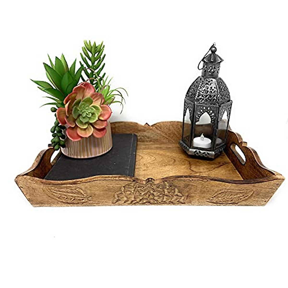 Snuglily Rustic Rectangle Farmhouse Tray Decorative Tray Hand Carved Soild Wood Antique Handcrafted Tray Ottoman Rectangle Tray 15 inch x 11 inch