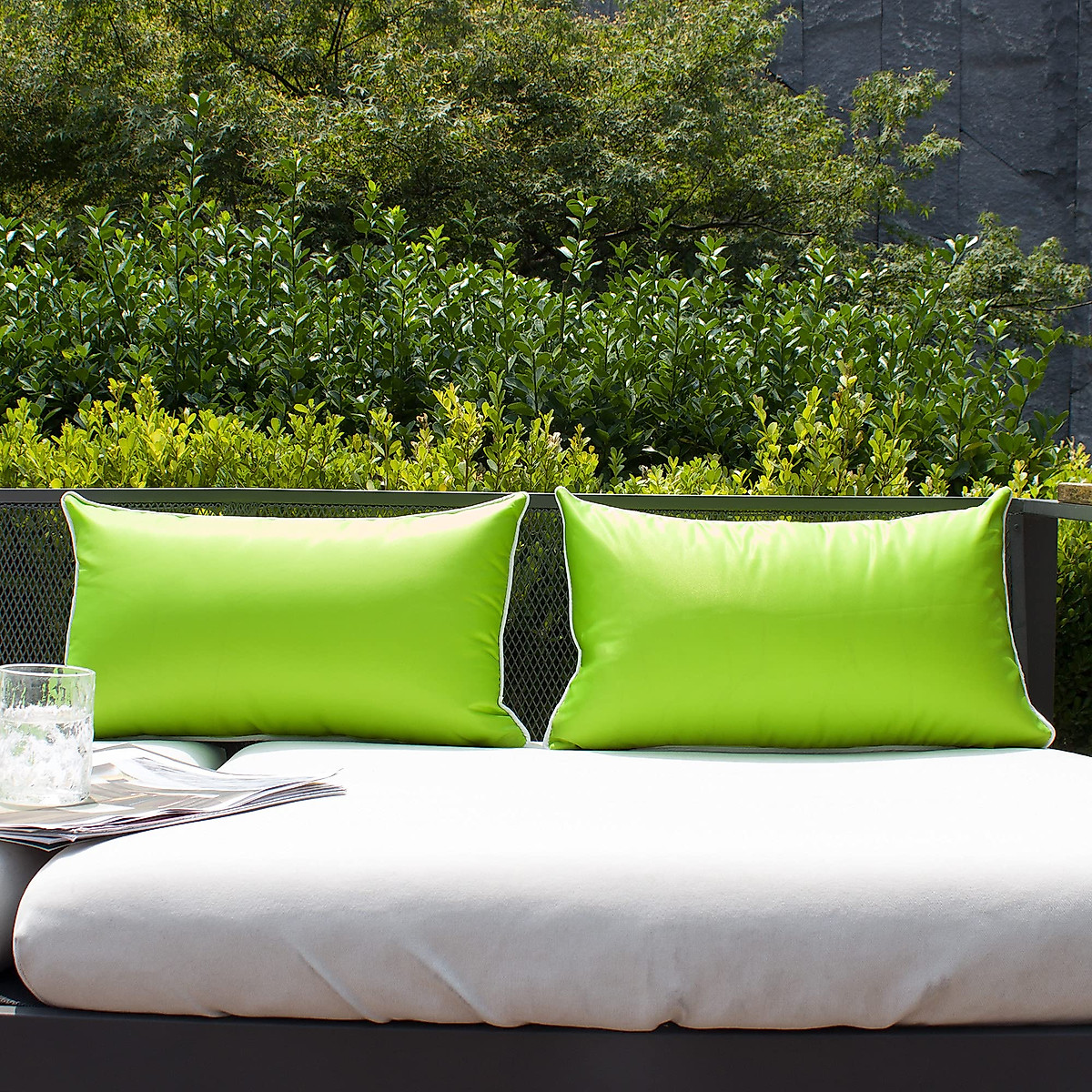 Kevin Textile Patio Furniture Pillows Outdoor Waterproof Pillow Covers with White Piping for Garden Couch, 2 Pieces, 12"x20", Green