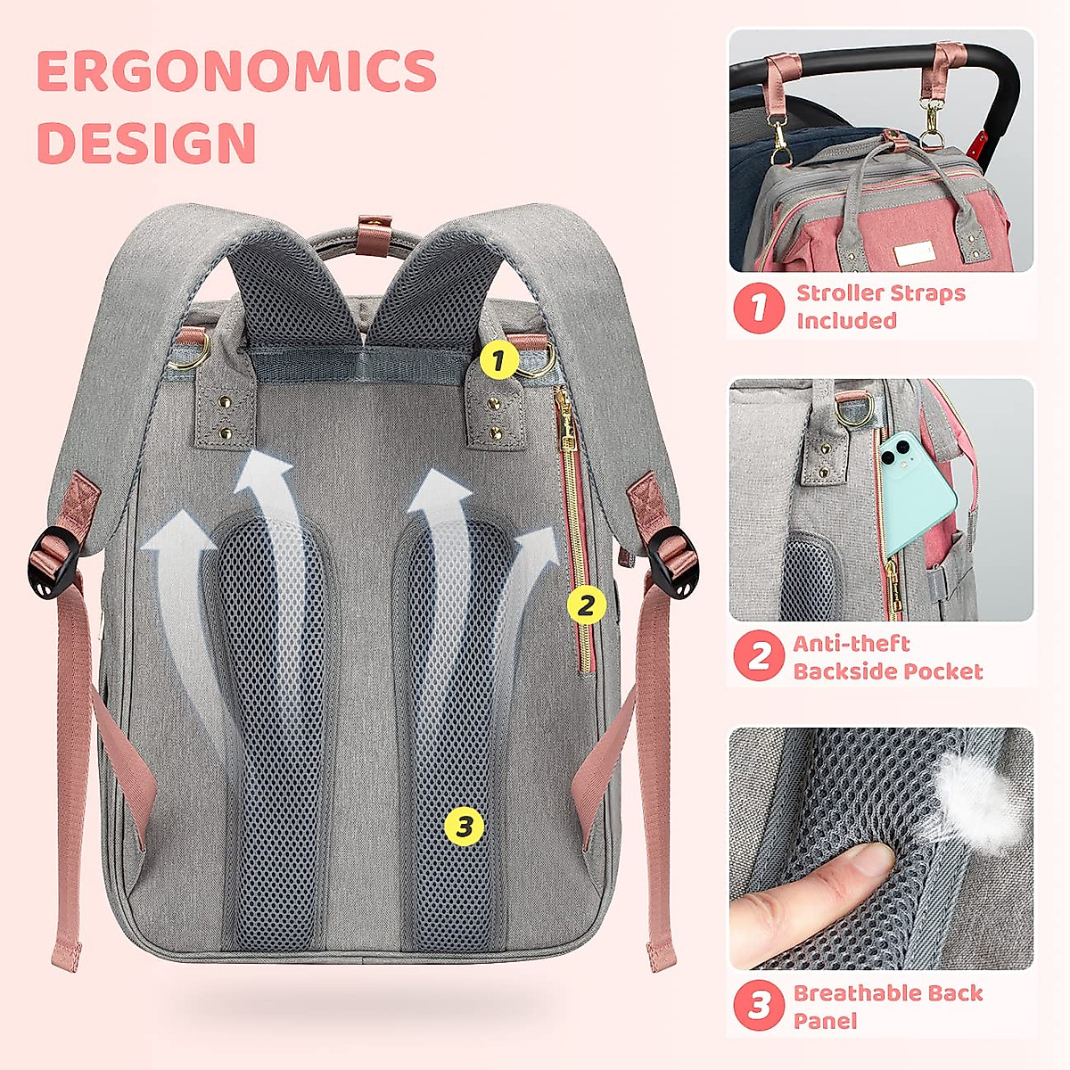 COSYLAND Diaper Bag Backpack Large Capacity Baby Bag for Boy Girl Water-repellent Multifunction Travel Back Pack with Changing Pad & Stroller Straps for Mom Dad, Pink/Grey