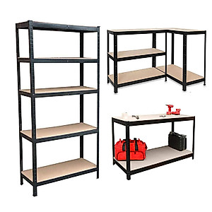 Autofather 5 Tier Garage Shelving Unit Heavy Duty Steel Metal Industrial Shelves Boltless Adjustable Racking Storage Shelf MDP Boards Max 875KG Capacity 28”L x 12”D x 59”H (Black)