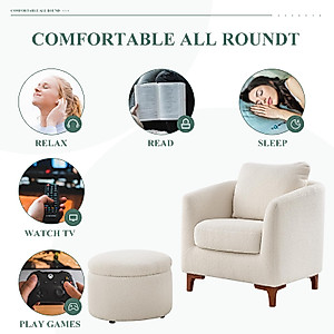 COLAMY Sherpa Accent Chair with Storage Ottoman Set, Upholstered Barrel Arm Chair with Footrest, Modern Living Room Chair with Back Pillow, Cream