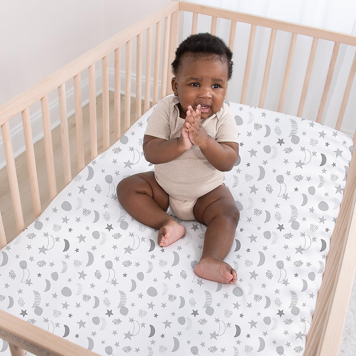 The Peanutshell Grey Moon & Stars Fitted Crib Sheet Set, Unisex 4 Pack Celestial Print, Grey & White