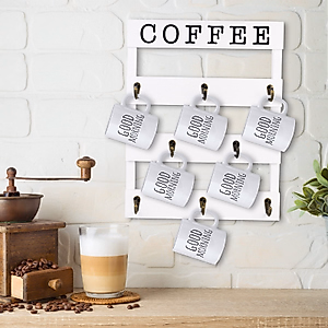 EMAISON Solid Wood Coffee Mug Holder Wall Mounted, Rustic Cup Rack with 8 Hooks Large Space for Big Cups for Kitchen, Home, Coffee Bar Station (White)