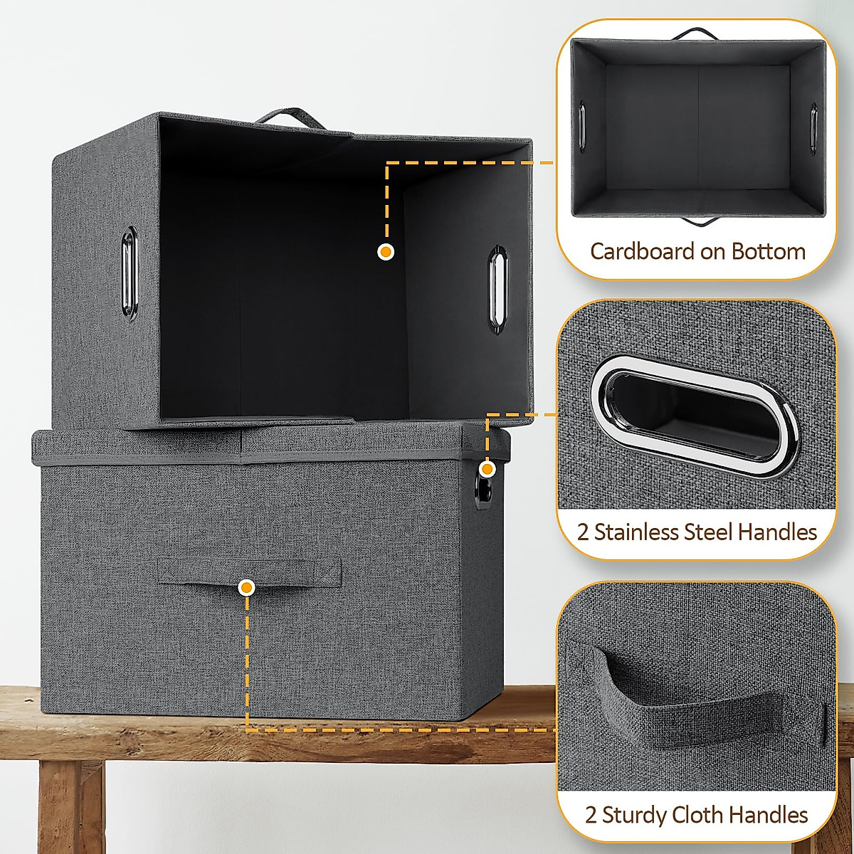Bellzacasa Extra Large Collapsible Storage Bins with Lids, 3 Pack Linen Fabric Foldable Storage Bin Cube with 4 Handles, Storage Baskets Box for Home, Office, Closet, Gray, 22.8x15.7x11.8”