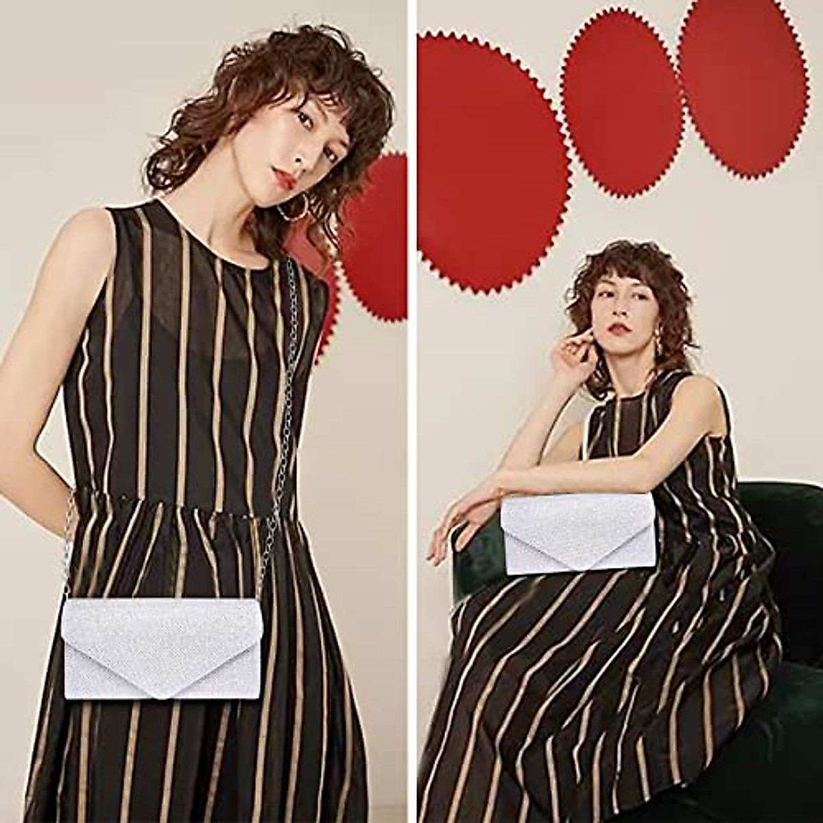 Larcenciel Silver Clutch Purses for Women Evening, Sparkly Envelope Clutch Evening Bag w/Chain, Elegant Crossbody Shoulder Handbag, Shiny Party Prom Purse Bride Wedding Guest Clutch Dress Carry on Bag