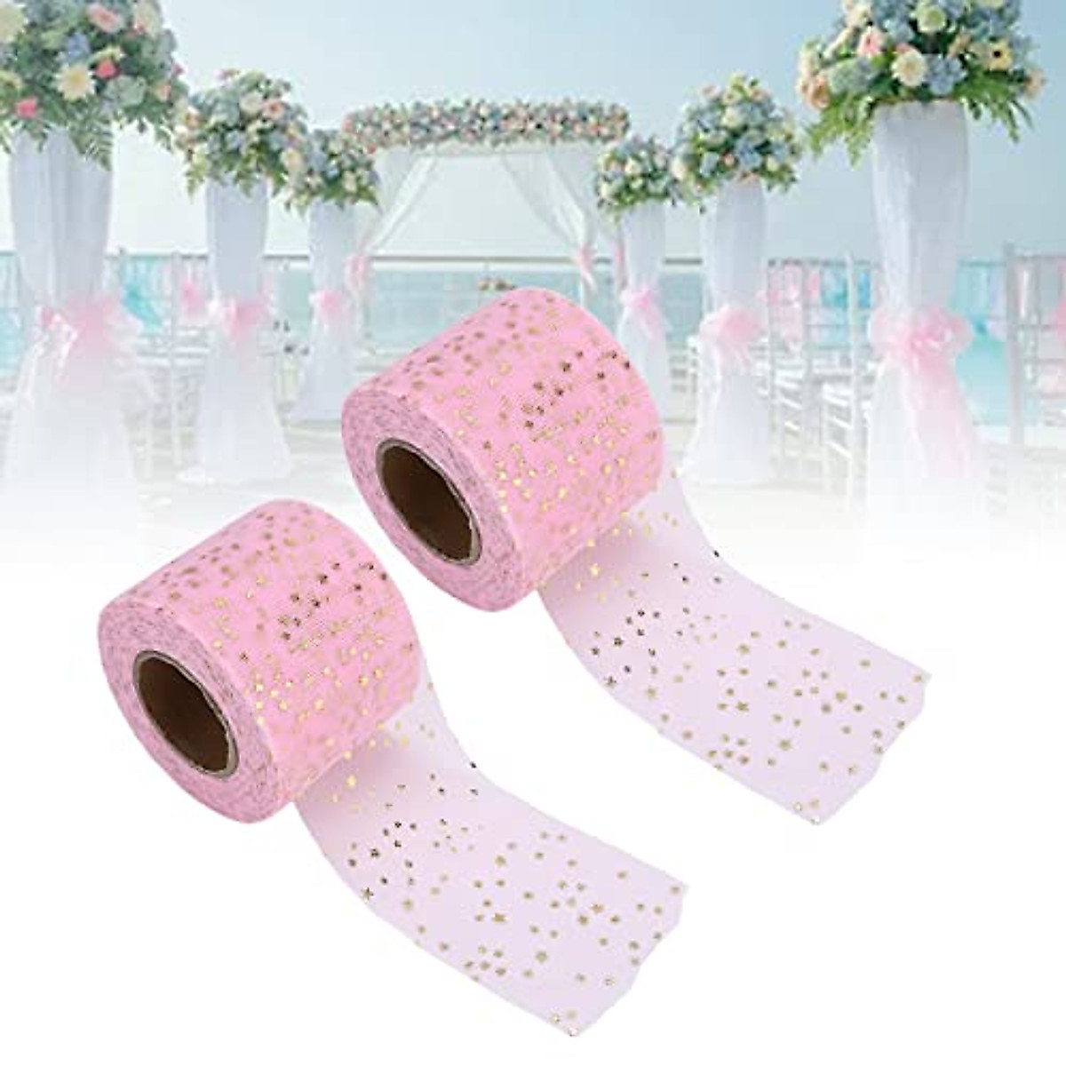 Cyrank Tulle Rolls 2pcs, 6cm Width 25 Yards Tulle Fabric with Gold Stars Patterns Glitter Tulle Rolls for Chair Ties Tutu Skirt Wedding Decor Gift Wrapping(Pink)