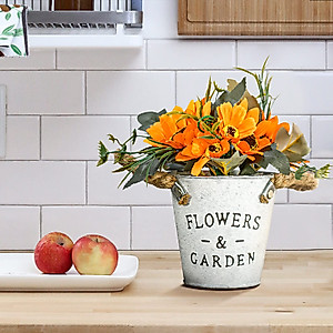 Artificial Sunflower Pot Shape Bonsai, 1 Pc Artificial Sunflower with Vase Metal Potted Fake Flower Artificial Sunflowers Bouquet for Party Office Garden Table Home Decor Windowsill (Orange Yellow)