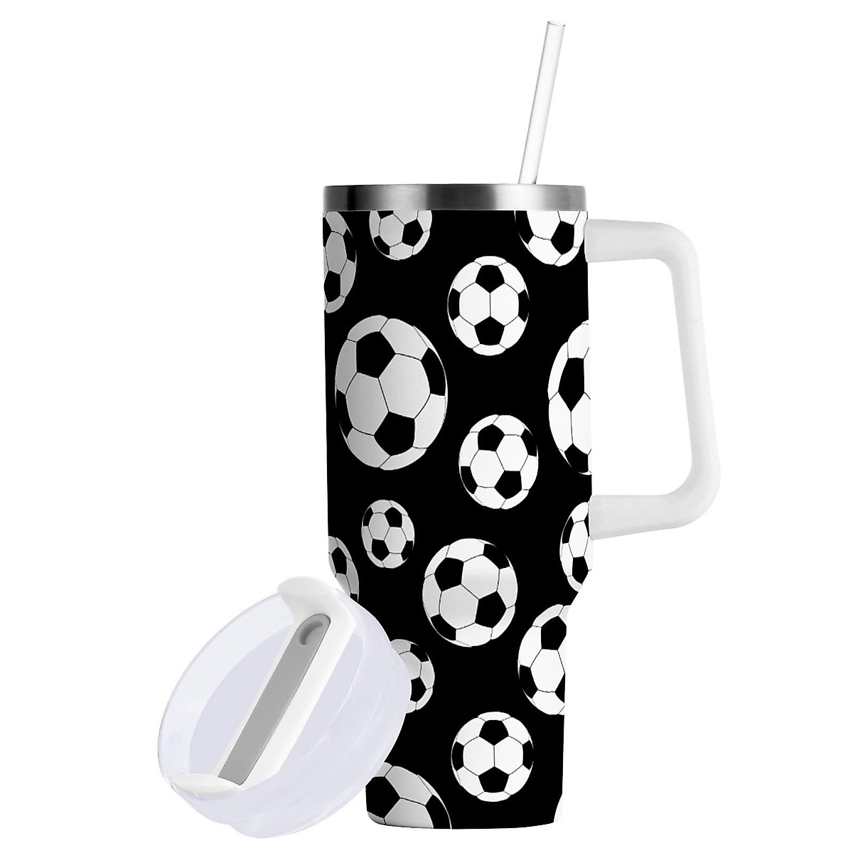 Traditional Black White Soccer Ball Tumbler with Handle and Straw Lid, Football 40 oz Insulated Coffee Cup Stainless Steel Water Bottle Travel Mug Cupholder Friendly,Gifts for Women Men