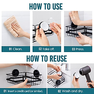 TAILI Suction Shower Caddy 2 Pack with Hooks, Drill-Free Rotating Stainless Steel Shower Shelf Basket, Removable Heavy Duty Shower Rack Organizer for Bathroom, Black