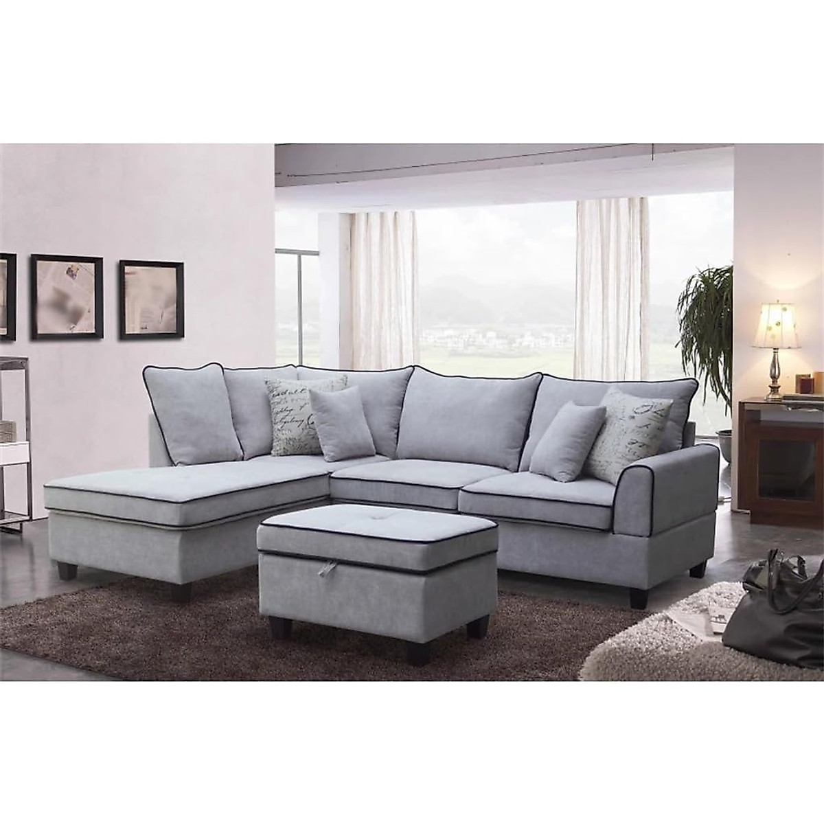 FANCUF Light Gray Fabric Sectional Sofa with Left-Facing Chaise and Storage Ottoman