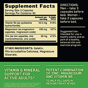 OPTIMUM NUTRITION ZMA, Zinc for Immune Support, Muscle Recovery and Endurance Supplement for Men and Women, Zinc and Magnesium Supplement & L-Glutamine Muscle Recovery Capsules