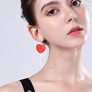 Food Sweet Cute Clear Transparent Heart Candy Resin Lollipop Earrings Resin Candy Earrings Costume Trendy Style Women Jewelry (Heart Candy Resin Lollipop Earrings-Red)