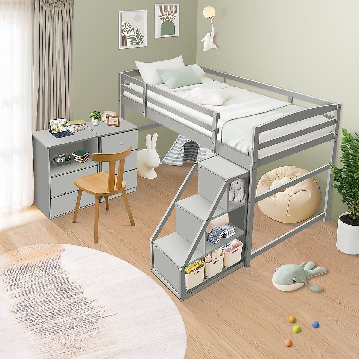 TURRIDU Low Loft Bed with Pullable Storage Staircase and 2 Cabinet, Wooden Stairway Loft Bed with Drawers and Shelves, Twin Size Bed Frame for Girls, Boys, Teens, No Box Spring Needed