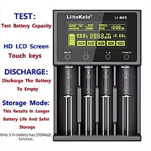 4-Bay 18650 Battery Charger，Test Battery Capacity，Touch Button,Universal Battery Charger for: 3.7V 26650 20700 18650 18350 1.2V NiMH/Cd AA AAA Size Batteries