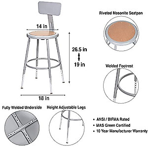 OEF Furnishings (2 Pack) Height Adjustable Grey Shop Stool with Backrest, 18-27" High