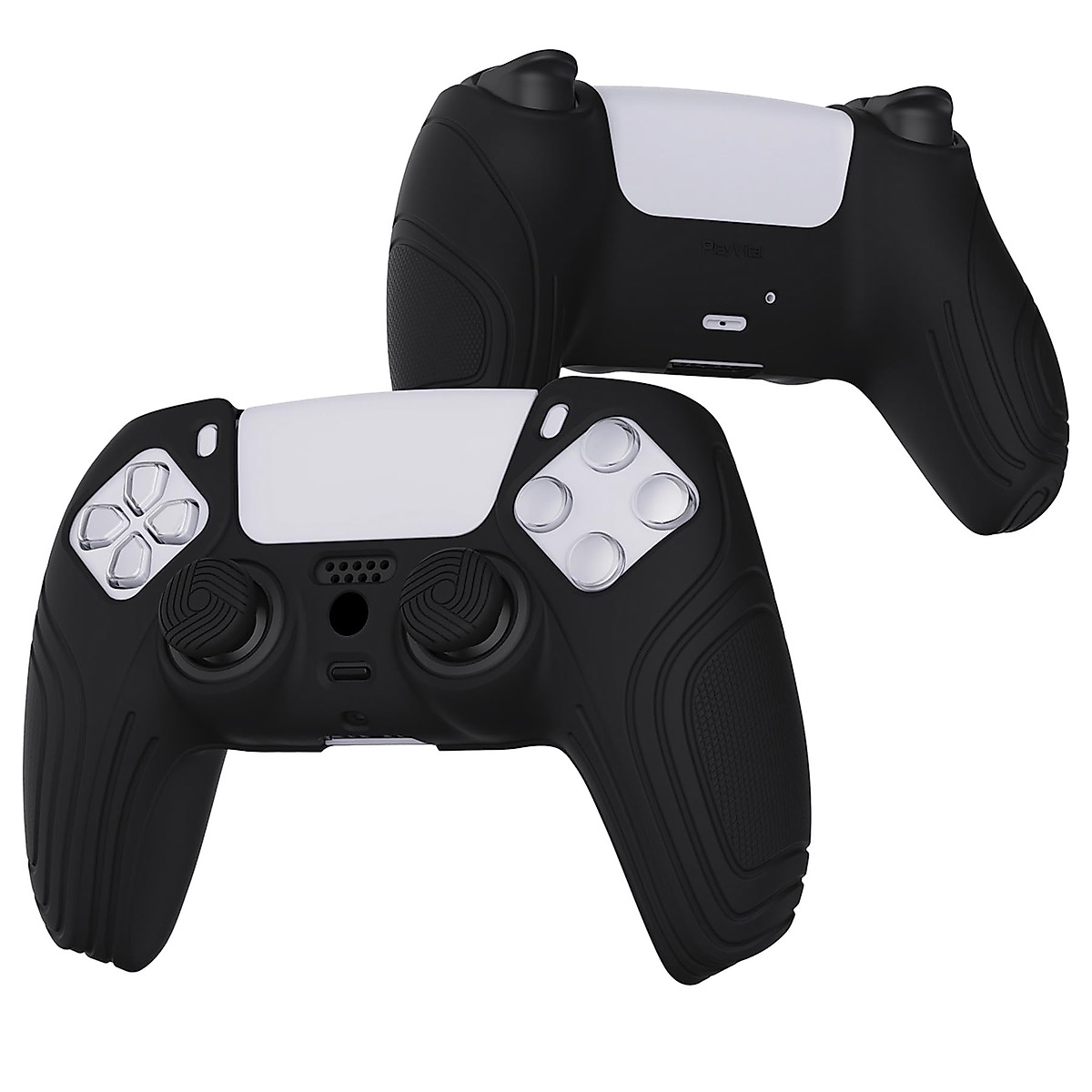 eXtremeRate PlayVital Samurai Edition Black Anti-Slip Controller Silicone Skin for ps5, Ergonomic Soft Rubber Protective Case for ps5 Controller with Black Thumb Stick Caps
