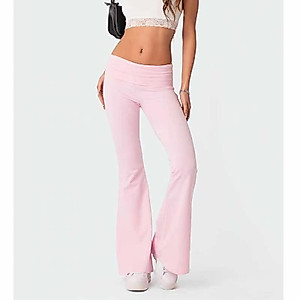 Sumleno Women Y2k Skinny Pants Flare Leggings Low Rise Fold Over Waist Bootcut Stretchy Yoga Sweatpants Lounge Streetwear (Light Pink,S)