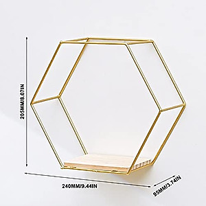 Rendeyuan Hexagonal Iron Stand Small Pot Wall Shelving Holder Home Shelf Storage Holder Decorative Shelves Floating Shelves - Gold - 24x9.5x20.5cm