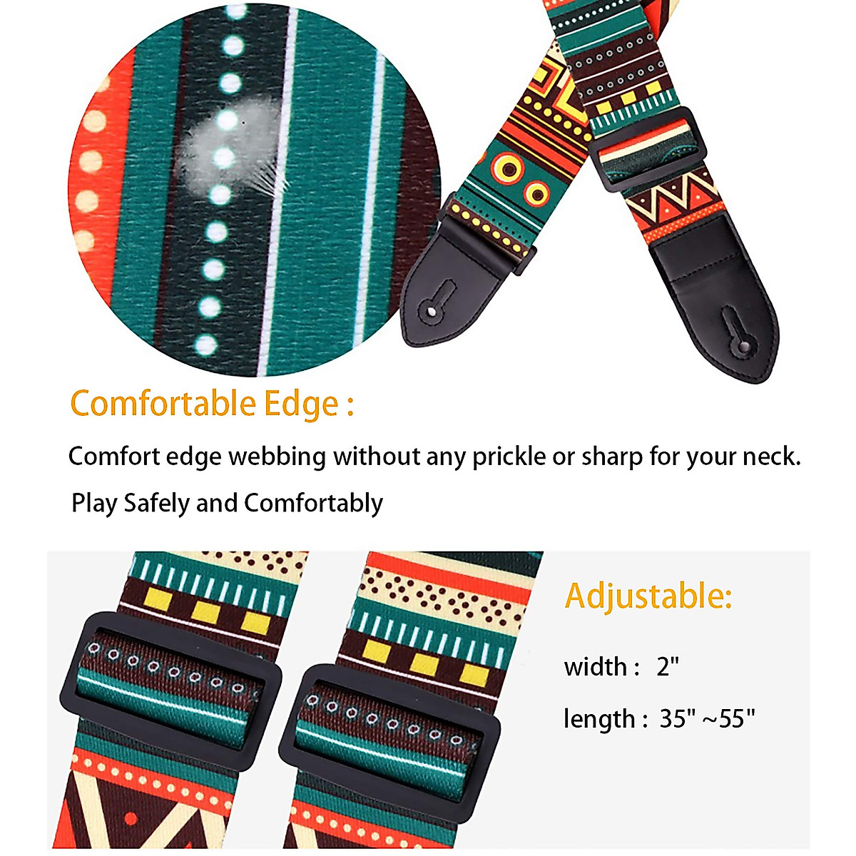 LAVILI Guitar Strap, Acoustic Guitar Strap, Electric Guitar Strap Includes 3 Pick.Adjustable Classical Guitar Strap leather&Polyester,Suitable For Bass, Electric & Acoustic Guitars Pack Of 1