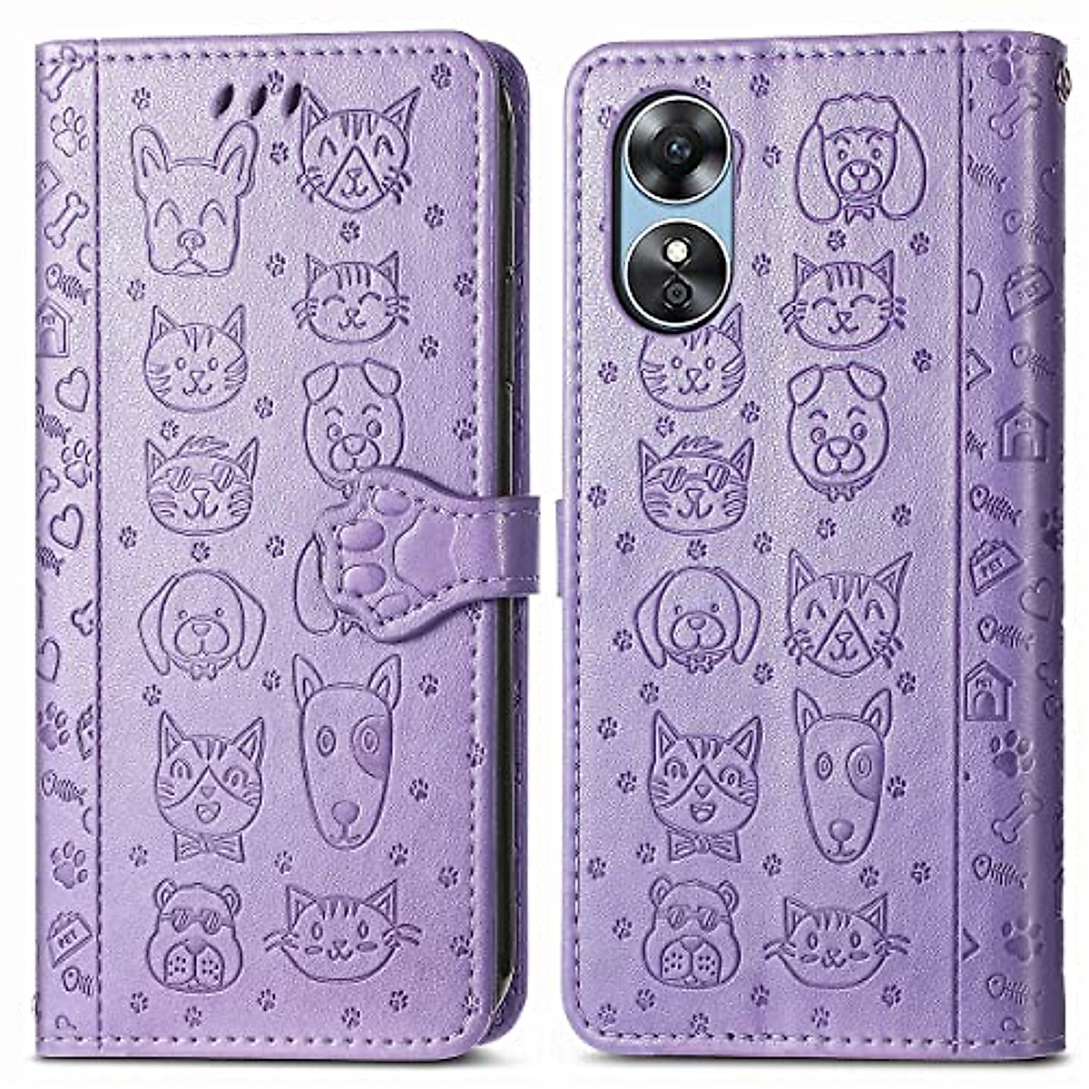 CCSmall for Oppo A17 PU Leather Flip Wallet Case, Cute Cat Dog Cartoon Style with Card Slots Holder Phone Cover Case for Oppo A17 MG Purple