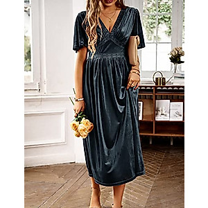 Zilcremo Women Deep V Neck Elegant Velvet Dress Bell Sleeve Lace Flowy Midi Party Dresses Greyblue S