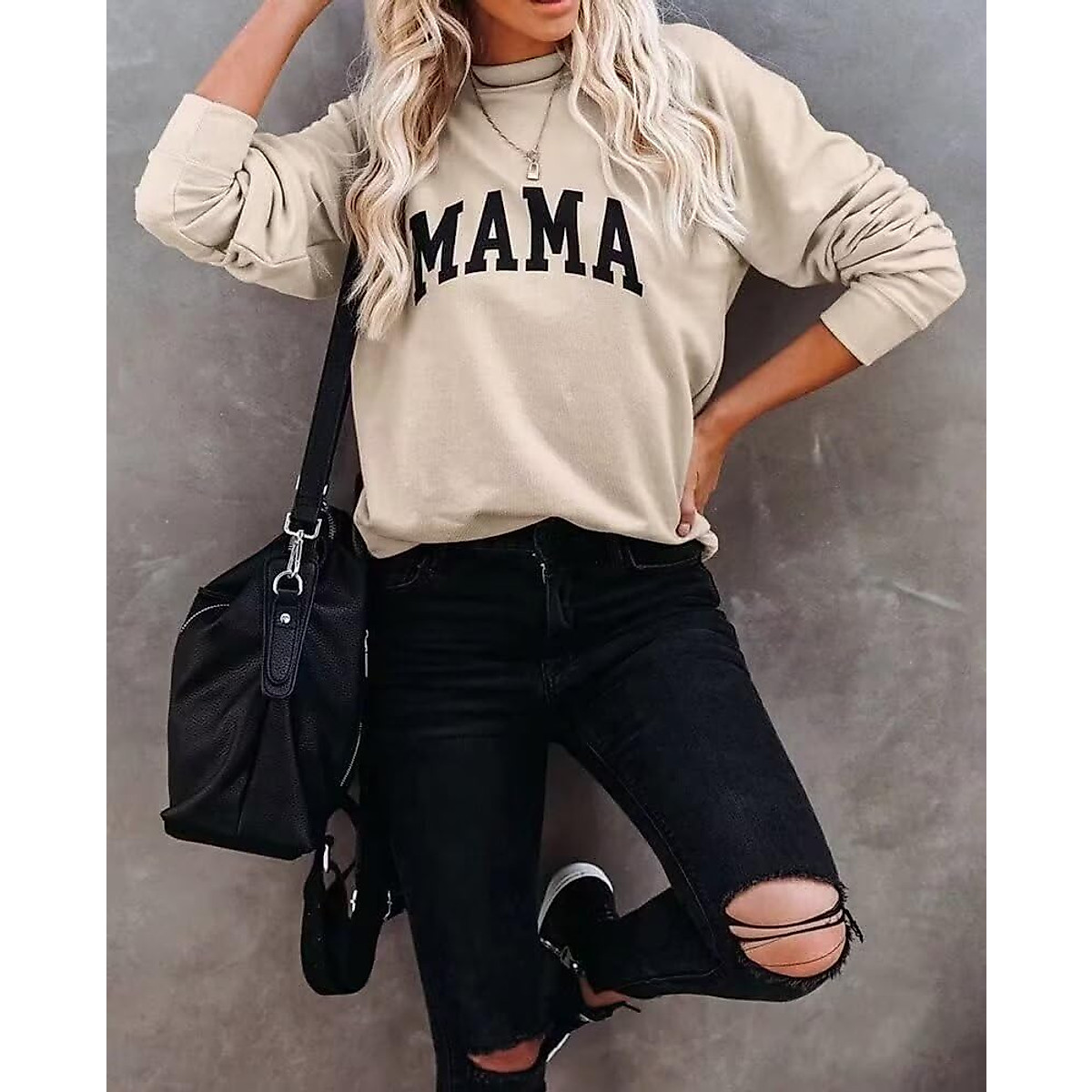 LEEDYA Women Cute Graphic Sweatshirts Crewneck Mama Shirts Long Sleeve Loose Fit Pullover Apricot Medium