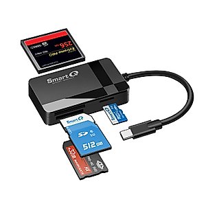 SmartQ SD Card Reader, 4-in-1 USB C 3.0 SD/Micro SD/MS/CF Memory Card Reader, Adapter for camera, Compatible with MacBook Pro, MacBook Air/iPad Pro, Samsung Galaxy S10/S9/S8, Surface Book 2
