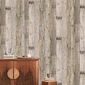 Anmon Wood Contact Paper 17.7" x 118" Peel and Stick Wallpaper, Grey Distressed Wood Wallpaper Shiplap Self Adhesive Removable Wall Paper, Wood Look Plank Rustic Natural Contact Paper for Wall
