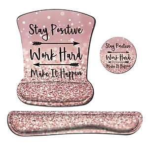 iCasso Ergonomic Mouse Pad with Wrist Support Set, Keyboard Wrist Rest+ Mouse Wrist Rest Pad + Coaster, Non-Slip Base Cute Mouse Mat, Pain Relieve Desk Mousepadfor Computer (Pink Stay Positive)