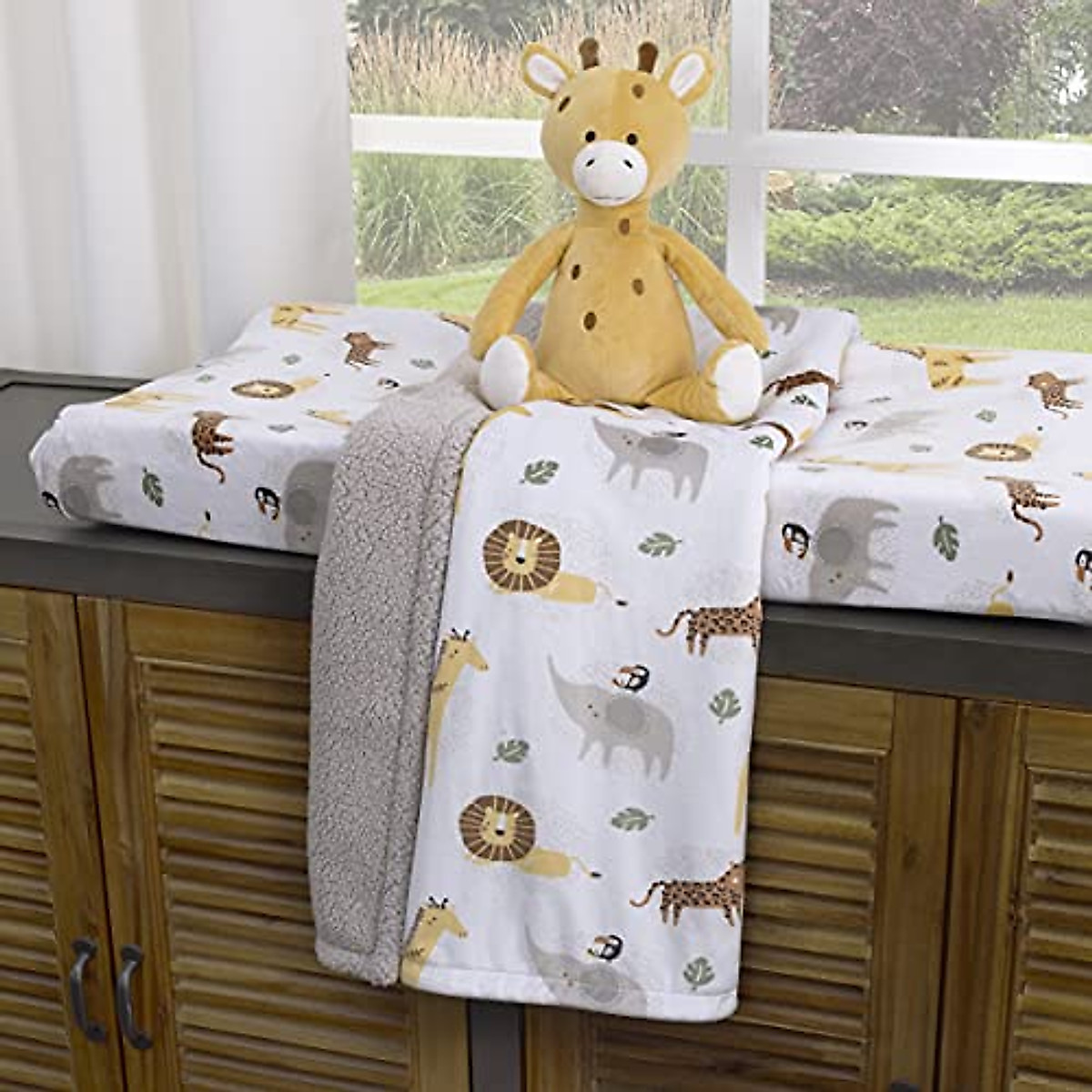 NoJo Jungle Trails Grey, Gold, Green, and White Super Soft Animal Print Sherpa Backed Baby Blanket