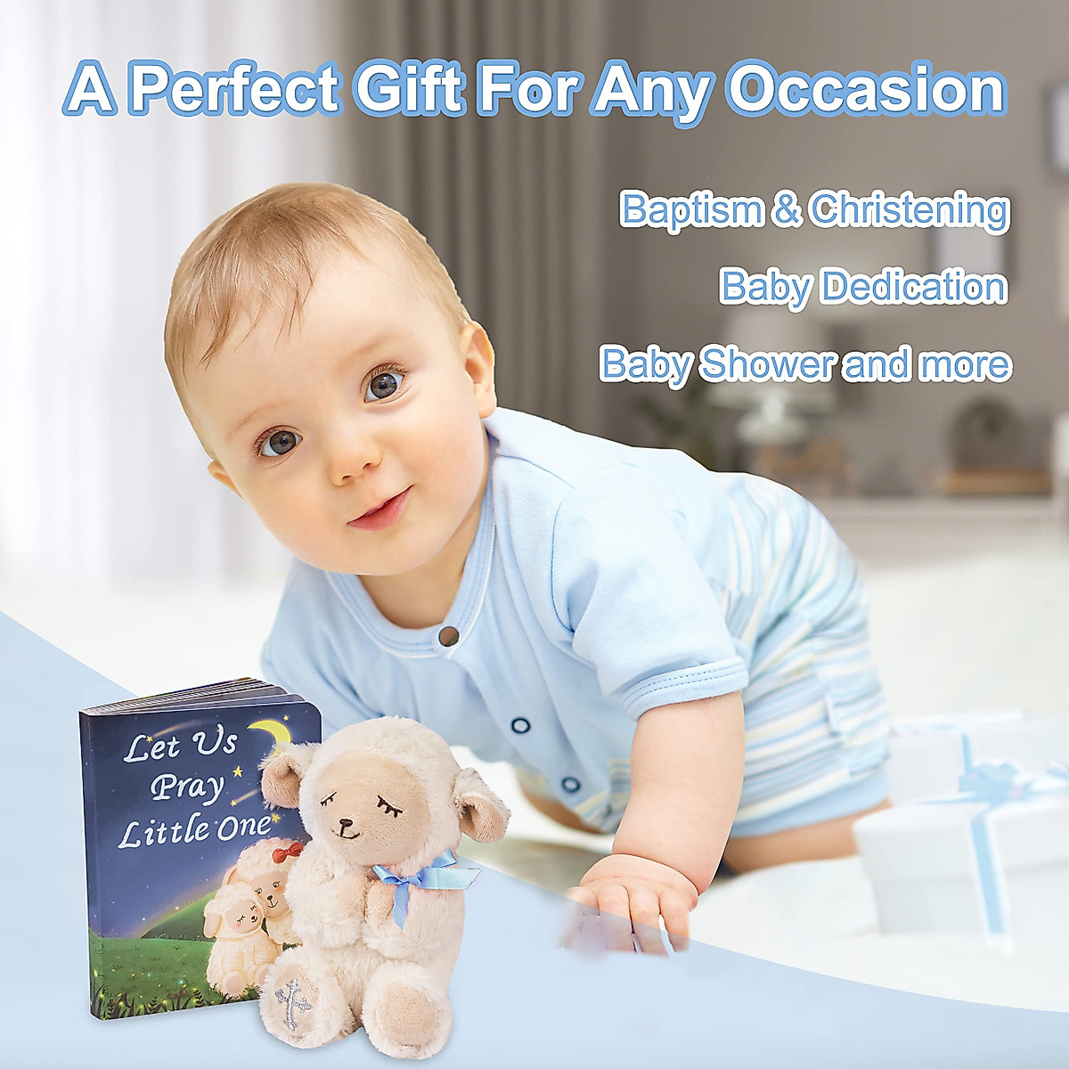 MyMateZoe Baptism Gifts for Boys, Great Christening, Dedication and Baptism Gift Set for Boys and Newborn Baby, Includes 7" Praying Lamb Plush Toy and Let Us Pray Baby Book in Keepsake Gift Box