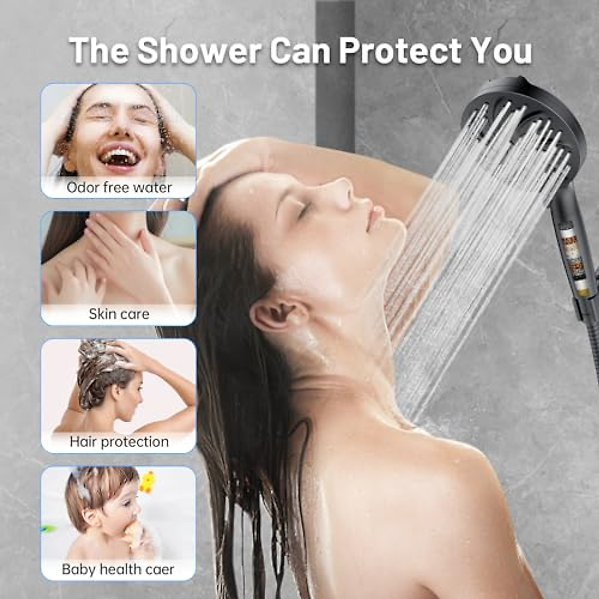 High Pressure Shower Head with Handheld - Filtered Shower Head with Pause and Jet 𝟏𝟎 Spray Modes, 5 Inch Removable Powerful High Pressure Showerhead with Extra Long Hose and Detachable Filter Wand