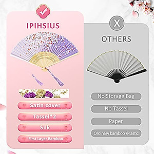iPihsius Folding Fan, Slik Folding Hand fan with First Layer Bamboo, with Storage Bag, 2Pcs Tassels, For Cooling, Performances, Decorations, Gifts, Classic Ink Plum Gradient Violet