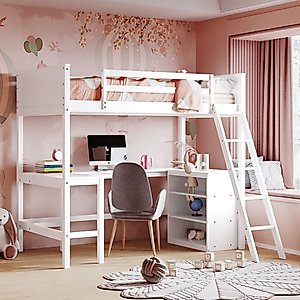 Loft Bed with Desk Twin Size Beds with Storage Shelves Bookcase Wood High Loft Bed Frame for Dorm, Kids Boys Girls Teens, White