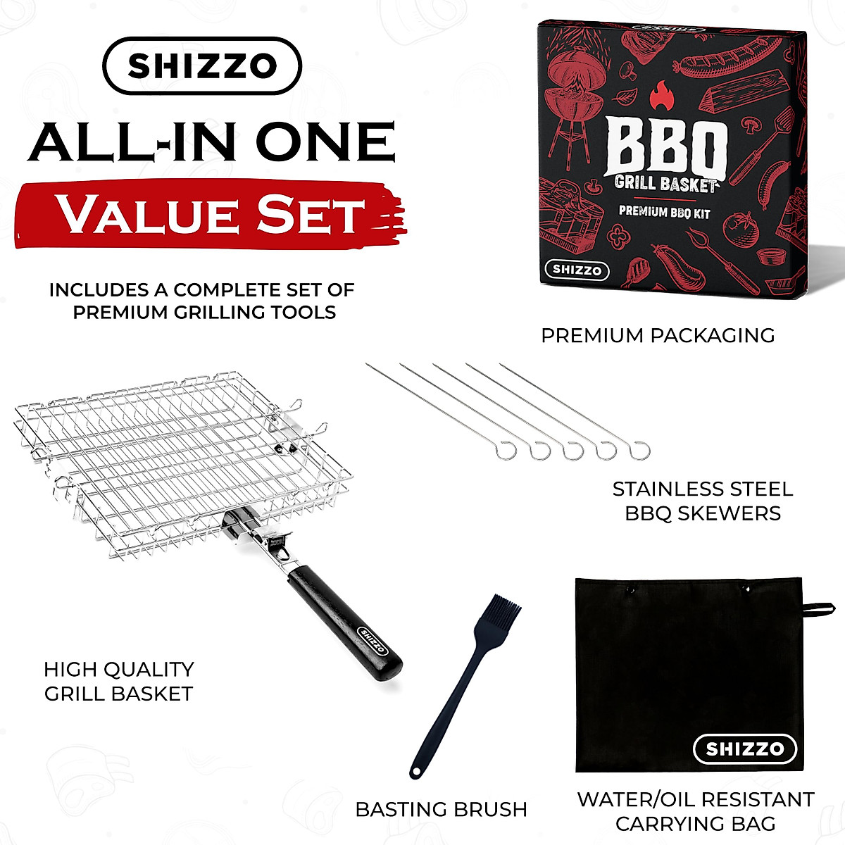 SHIZZO Adjustable Grill Basket, Barbecue BBQ Grilling, Stainless Steel Folding Portable Outdoor Camping Rack for Fish, Shrimp, Vegetables, Cooking Accessories, Gifts for father, husband