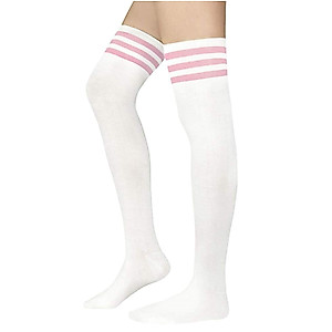 Century Star Women's Casual Athlete Striped Over Knee Thin Thigh High Tights Long Stocking Socks B 1 Pair White Pink One Size