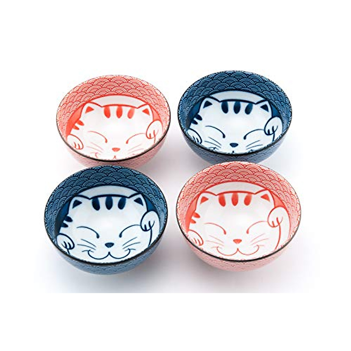 Fuji Merchandise Japanese Porcelain Multi Purpose 4.5" Diameter Bowl Set of 4 Maneki Neko Lucky Cat Meow Gift Set Made In Japan