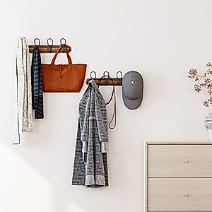 DRKUN Wood Coat Hook Wall Mounted Hooks for Hanging Clothes Rack with 8 Hooks, Double Round Hooks Black Stainless Steel Hanger for hat Towel Bedroom Bathroom