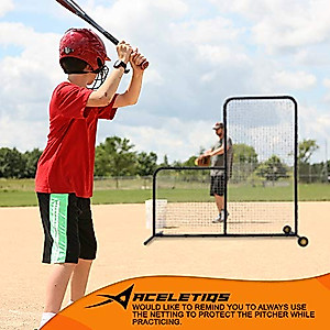 L Screen Baseball Pitching Net for Batting Cage | Pitching Screen with Wheels-7 feet by 7 feet, 3.5 Inch by 3.5 Inch Cutout, Body Protector for Back Drive Lines Beisbol