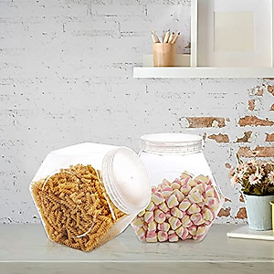 SOUJOY 2 Pack Plastic Candy Jar with Lid, 1 Gallon Cookie Containers for Kitchen Counter, Clear Hexagon Candy Display for Snacks, Dog Treats, Craft and Sewing Supplies, Coffee Pod, Laundry Pod