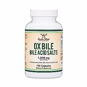 Ox Bile Supplement for No Gallbladder (1,000mg Per Serving, 500mg per Capsule, 120 Capsules) Standardized to 45% Cholic Acid Bile Salts to Help Address Bile Salt Deficiencies by Double Wood