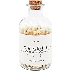 Sweet Water Decor 3" Safety Matches in Medium Apothecary Bottle | Rustic Jar of Approx. 100 Decorative Matchsticks with Strike Pad | Cute Candle Accessory Match Holder with Colored Tips (White)
