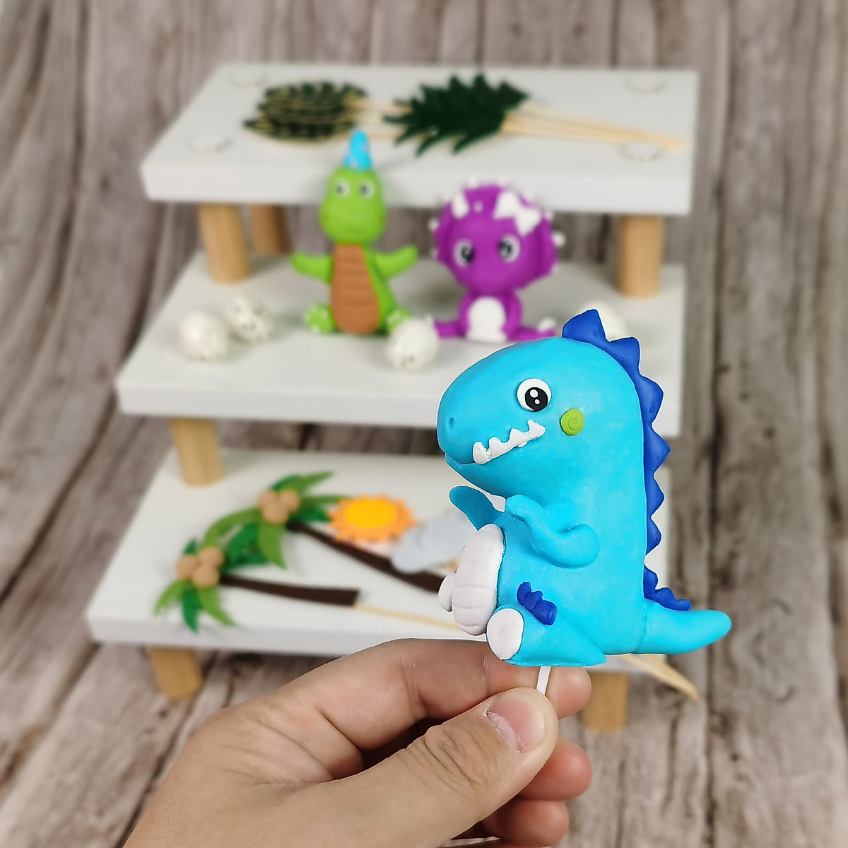 Dinosaur Cake Toppers Clay Dinosaurs Palm Leaves Dinosaur Eggs for Boy Girl Kid Birthday Baby Shower Dinosaur Theme Jungle Party Supplies (Multicolor)